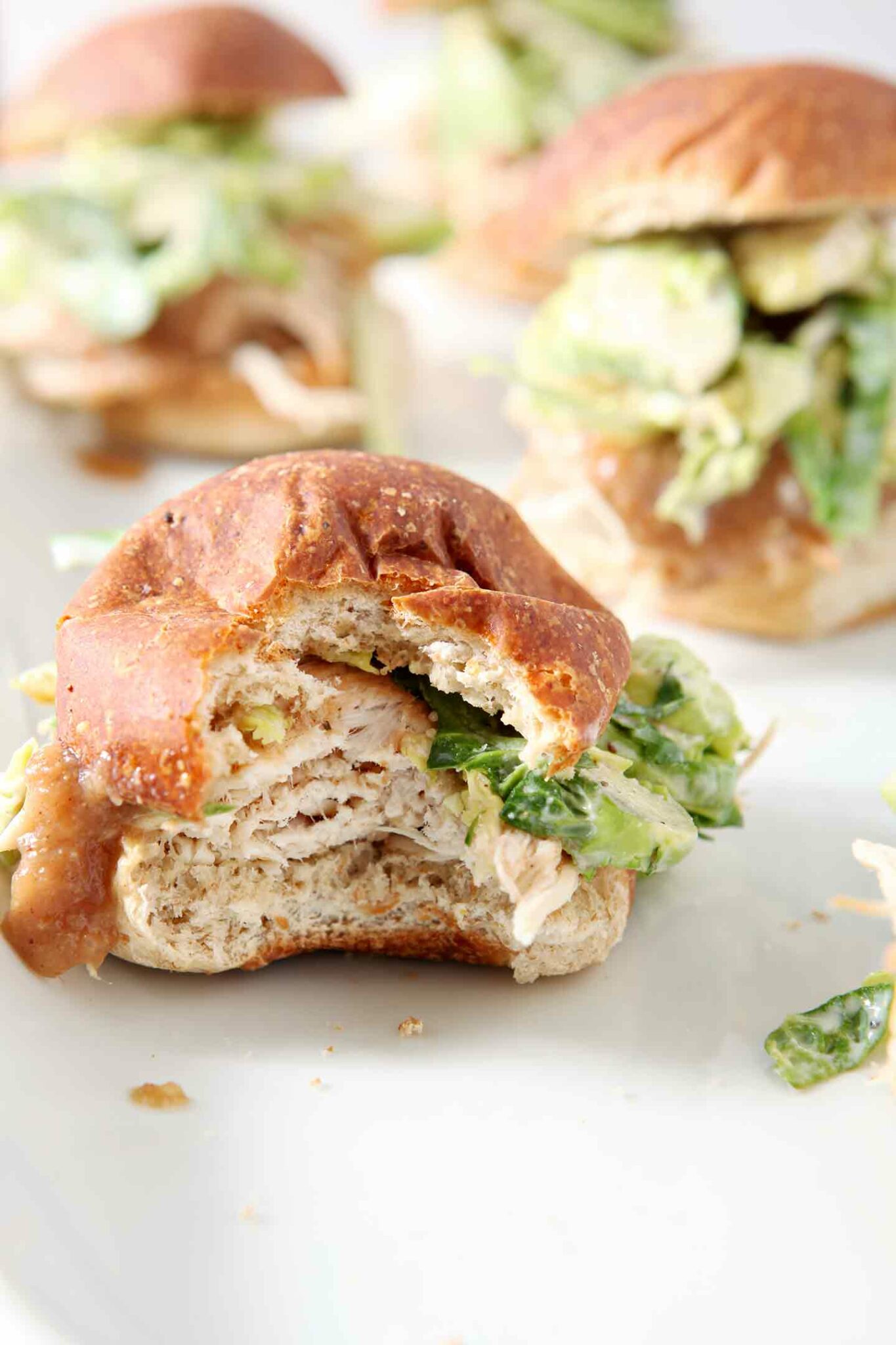 Shredded Chicken Sliders with Brussels Sprouts Apple Slaw